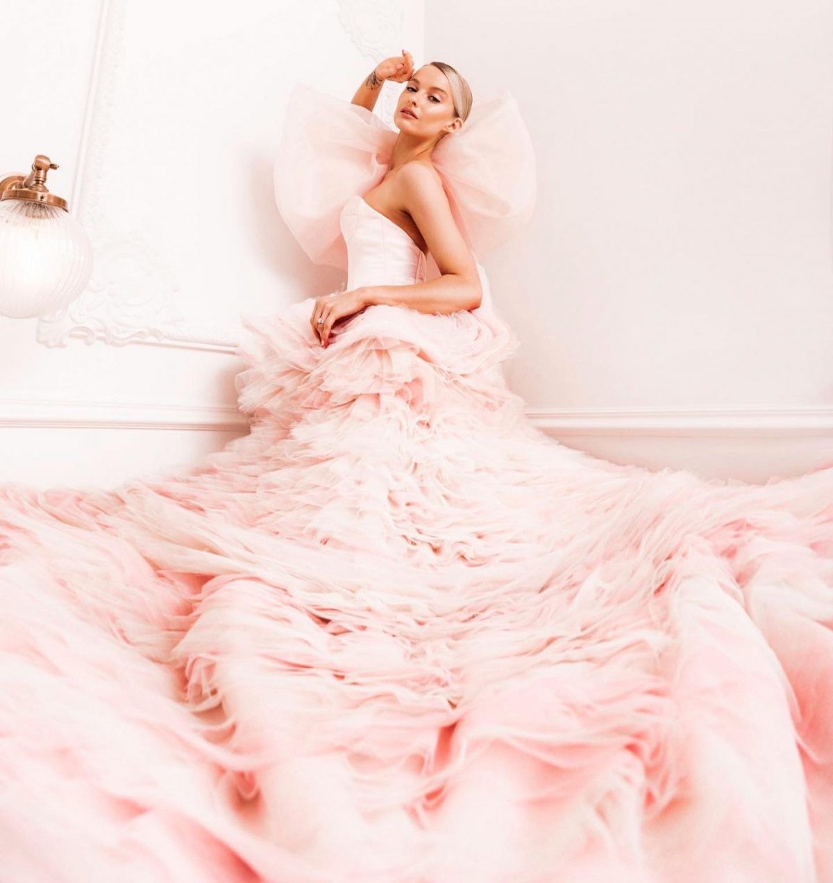 INTHEFROW – Victoria Magrath wears Sally Bean Coutures Pink Love Bird ...